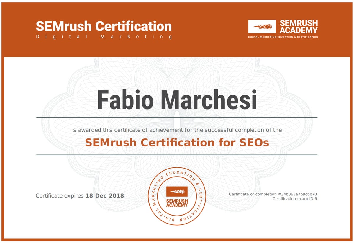 Conseguita la SEMrush Certification for SEOs